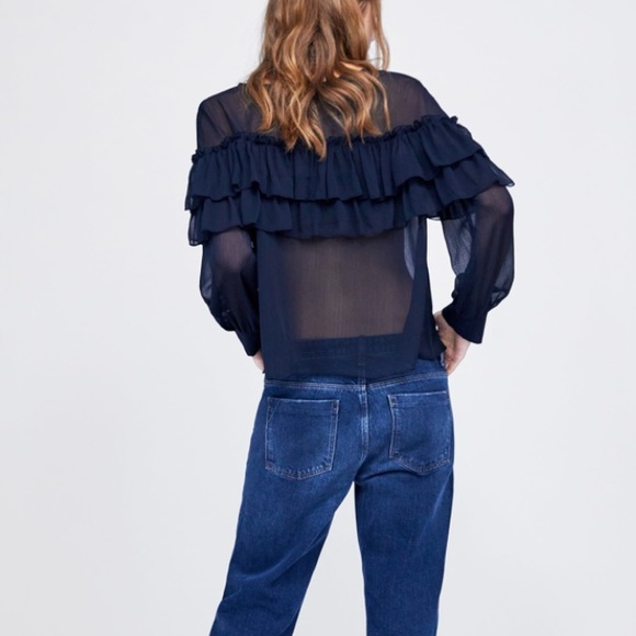 Zara | Tops | Zara Navy Blue Ruffled Blouse | Poshmark